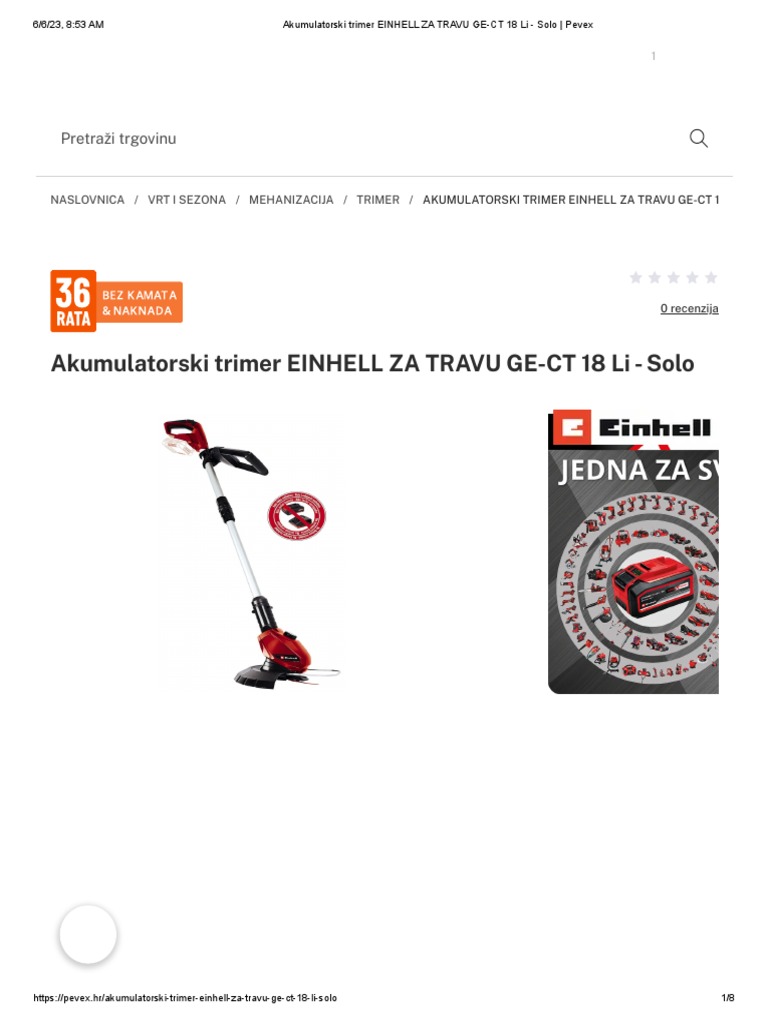 Akumulatorski Trimer EINHELL ZA TRAVU GE-CT 18 Li - Solo - Pevex | PDF