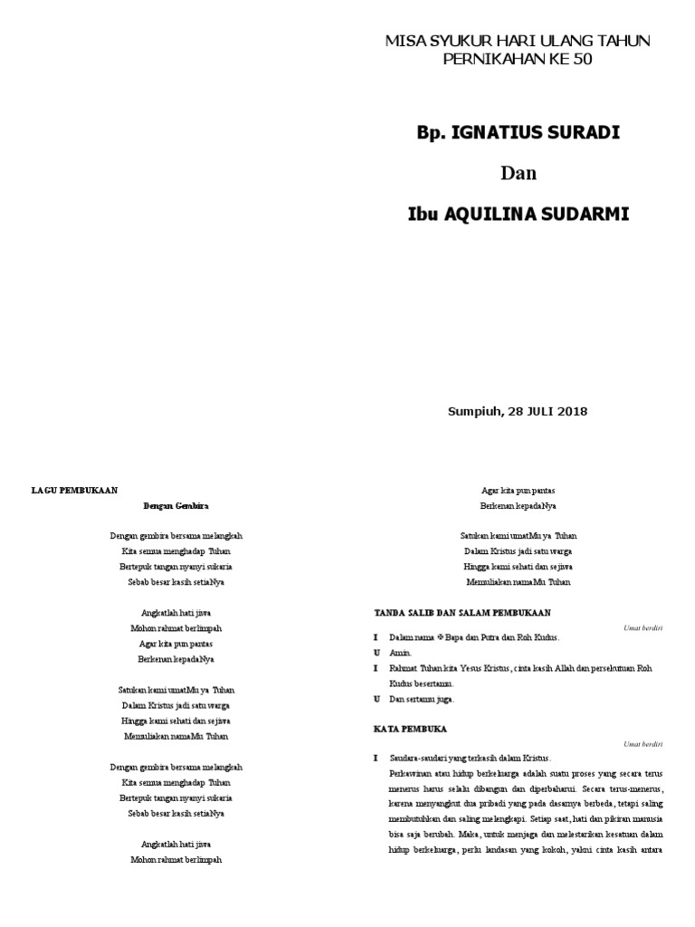 Misa Syukur Hari Ulang Tahun Pernikahan Ke-50 | PDF