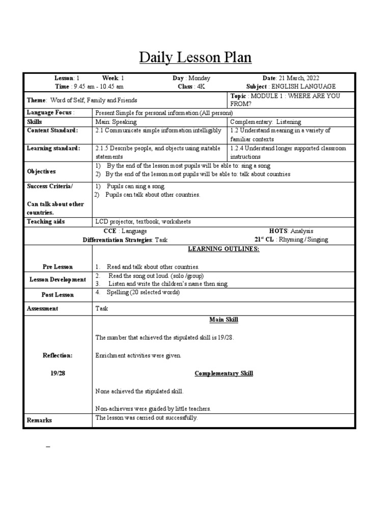 Lesson Plan 4K English | PDF