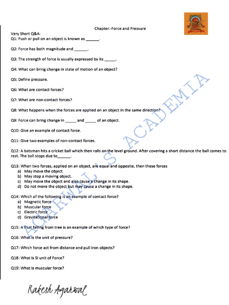 Class 8 Science Force and Pressure WS | PDF