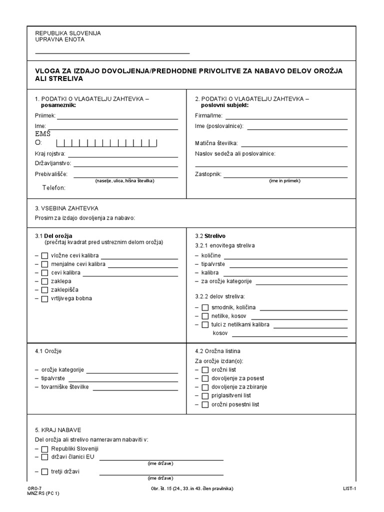 Vloga Za Izdajo Dovoljenja Za Nabavo Delov Orozja Ali Streliva | PDF