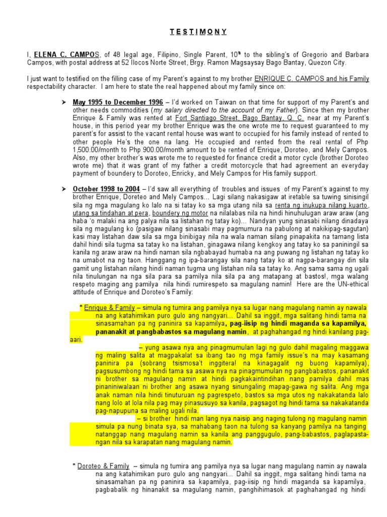 Family Dispute Testimony by Elena Campos | PDF