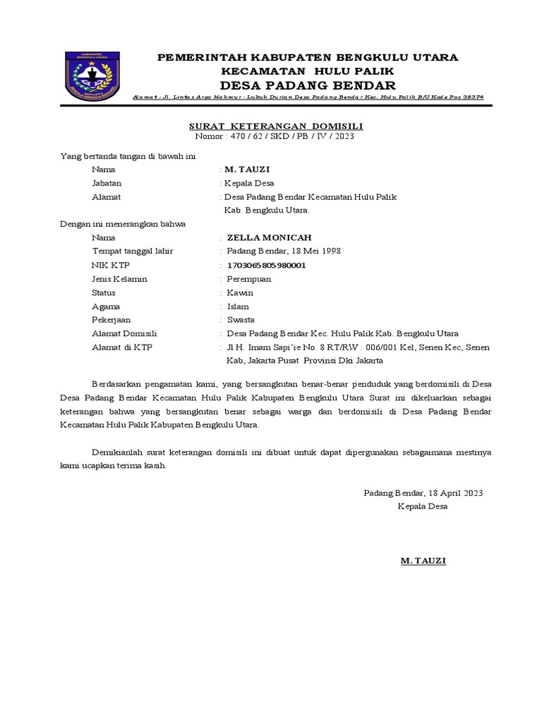 Surat Keterangan Domisili Bengkulu Utara | PDF