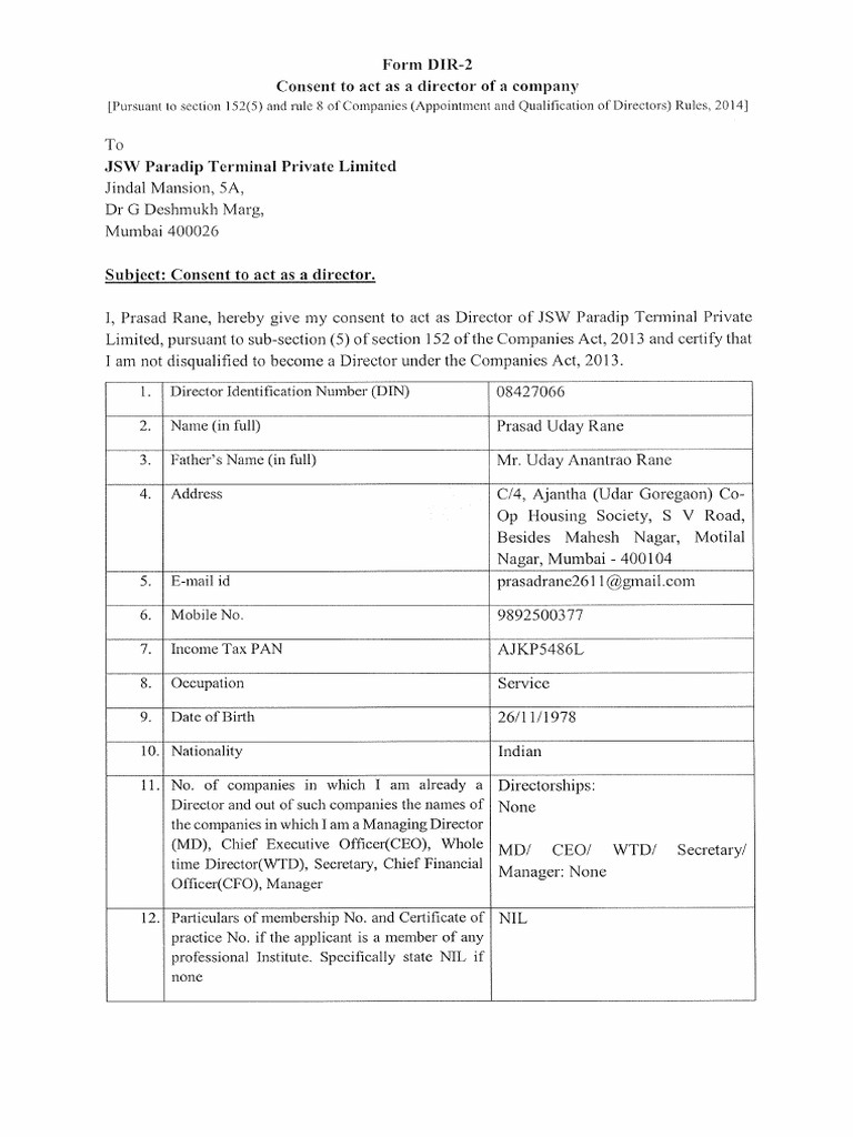 Declaration of the appointee director, Managing director, in Form No ...