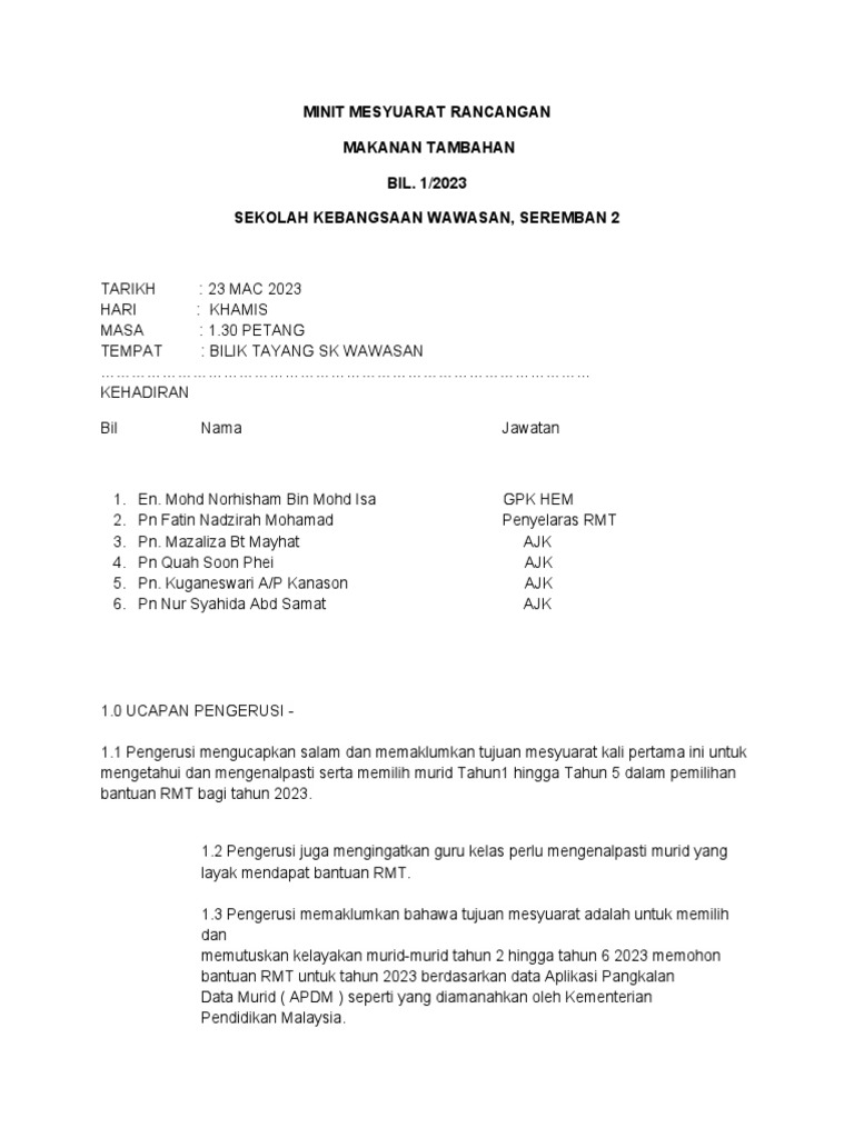 Minit Mesyuarat RMT 1 2023 | PDF