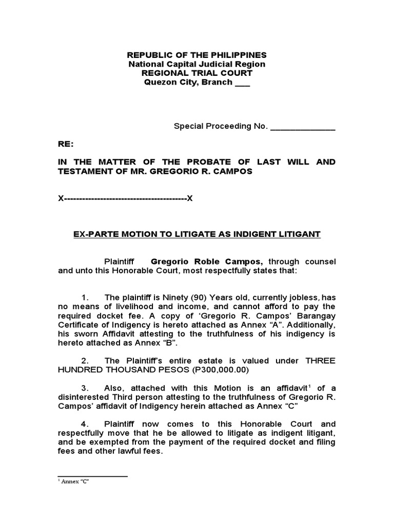 Ex Parte Motion To Litigate As Pauper Litigant | PDF | Lawsuit | Ex Parte