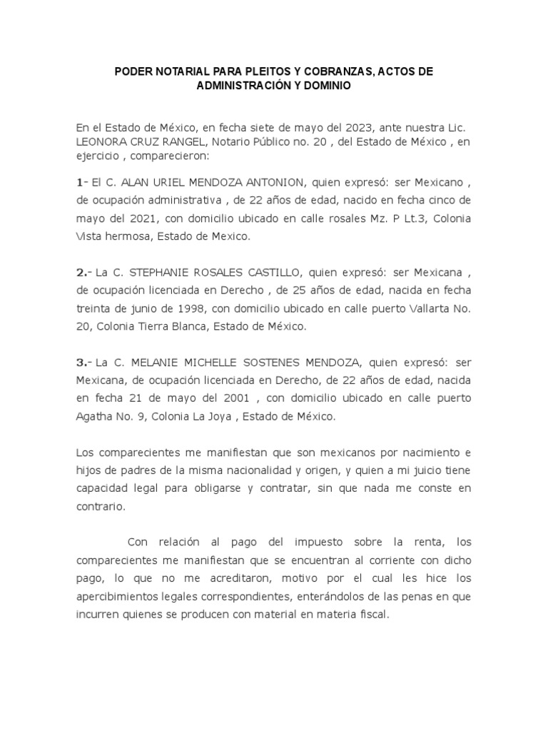 Poder Notarial para Pleitos y Cobranzas | PDF | Derecho Civil (Common Law)