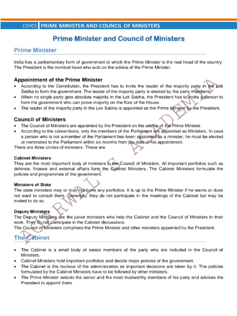Class 10 Civics Prime Minister Notes | PDF