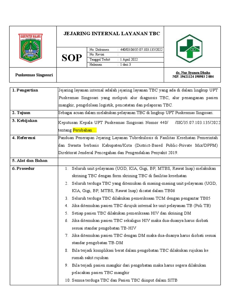 Sop Jejaring Internal Layanan TBC | PDF