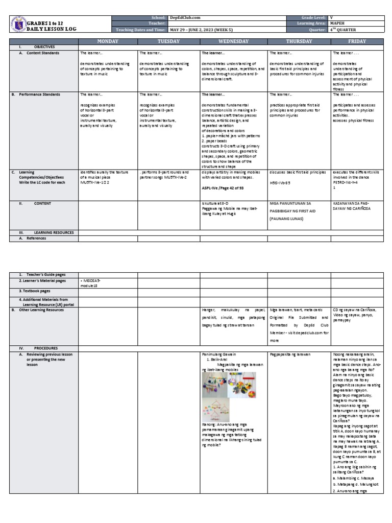 DLL - Mapeh 5 - Q4 - W5 | PDF