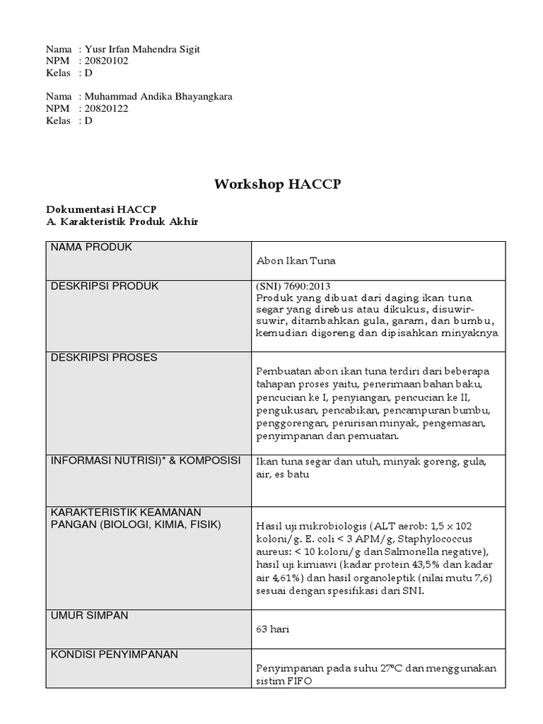 Dokumentasi HACCP Abon Ikan Tuna | PDF
