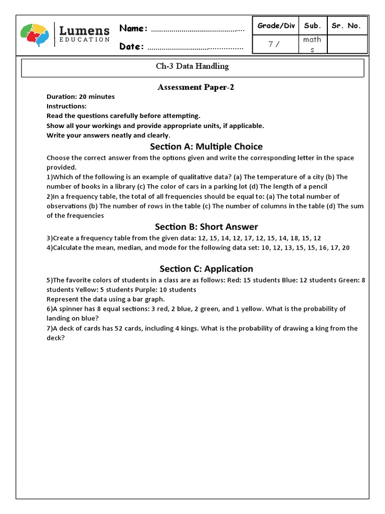 G7 Maths L 3 Assesment Paper 1 | PDF