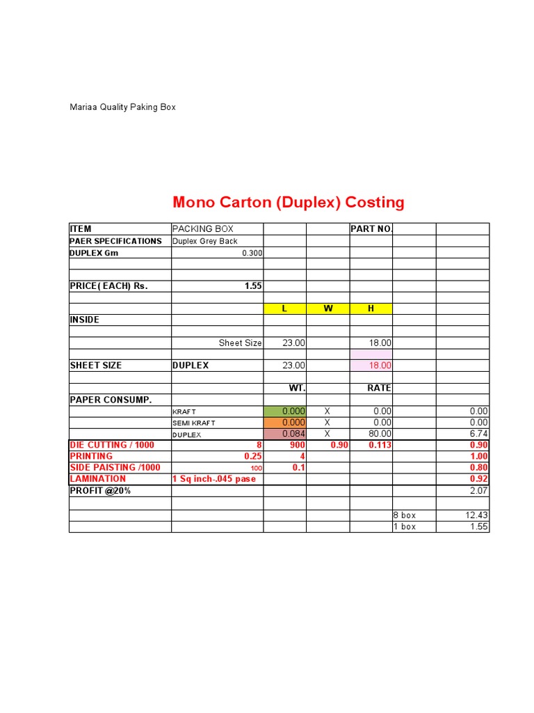 Mono Carton Costing Overview | PDF