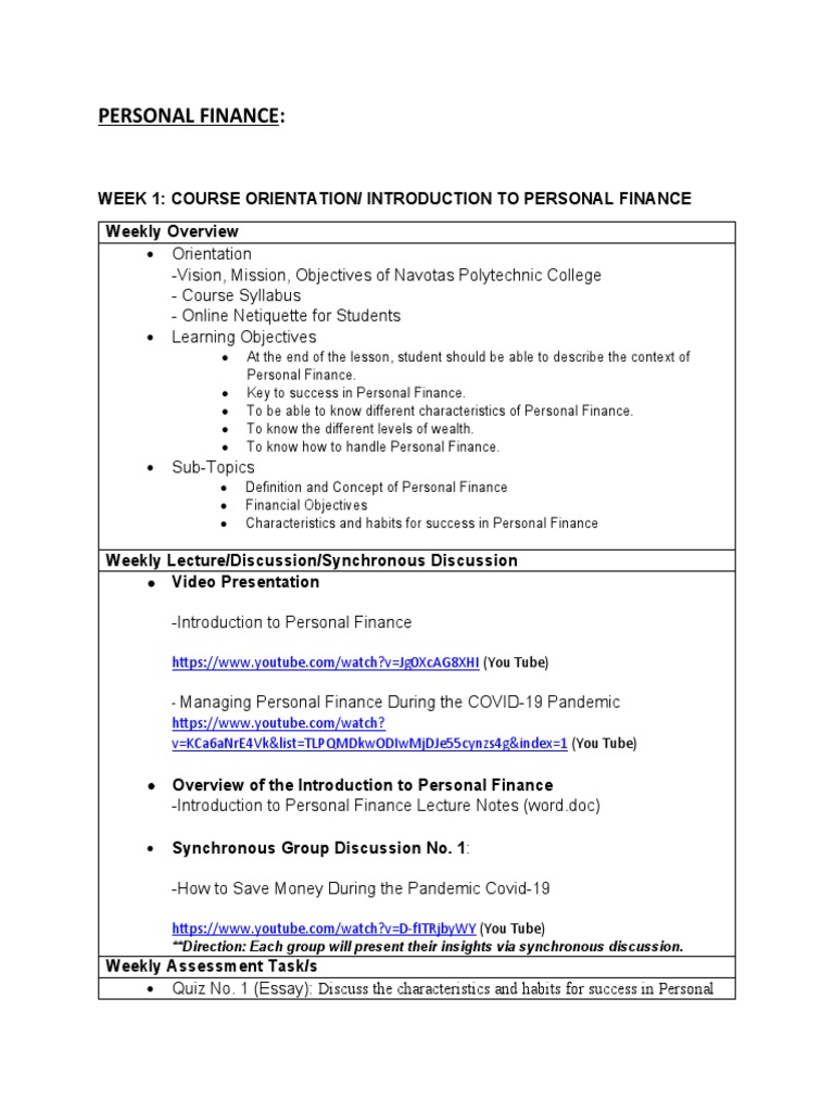 Introduction to Personal Finance Course | PDF