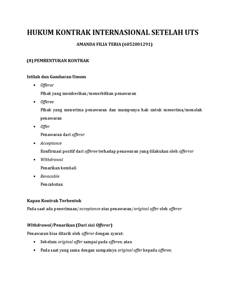 Catatan Hukum Kontrak Internasional Setelah Uts | PDF