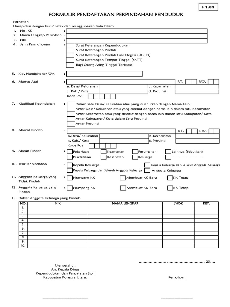 (F1.03) Formulir Pendaftaran Perpindahan Penduduk | PDF