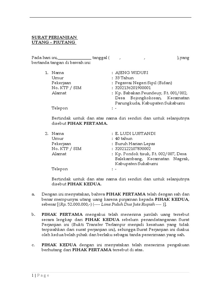 Contoh Surat Perjanjian Utang Piutang FH UII | PDF