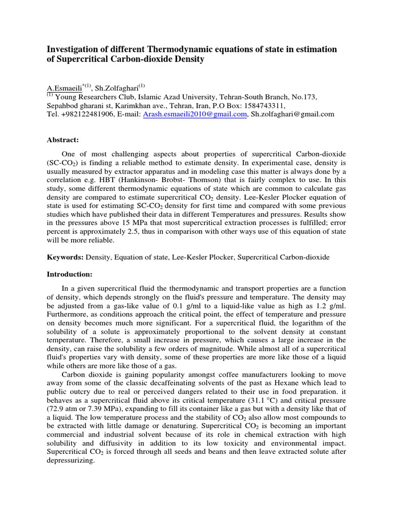 Supercritical Carbon Dioxide Density - Full Paper | PDF | Supercritical Fluid | Solubility