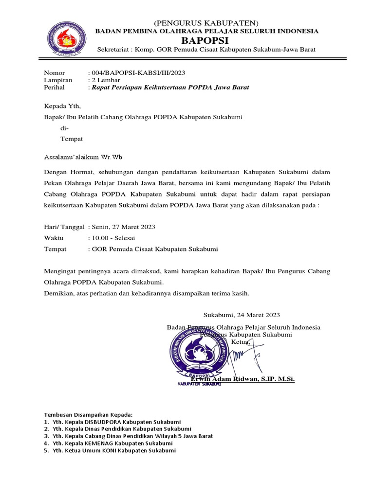 1.1 Undangan BAPOPSI Rapat POPDA Jawa Barat | PDF