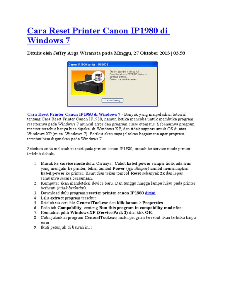 Cara Reset Printer Canon IP1980 Di Windows 7 | PDF