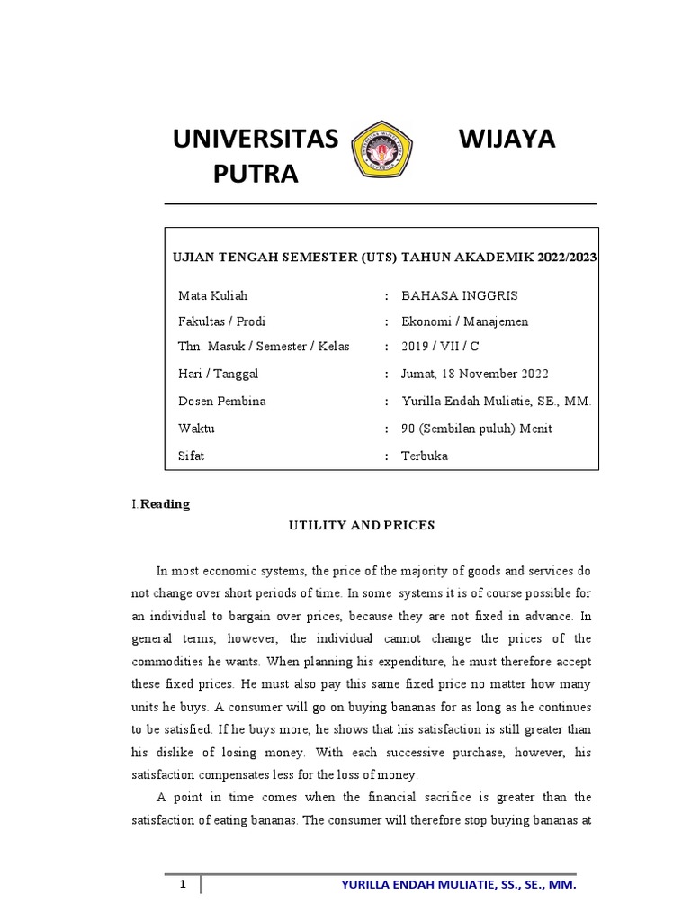Soal UTS Genap Bahasa Inggris UWP Surabaya 2022 Klas C Jumat | PDF | Utility | Commodity