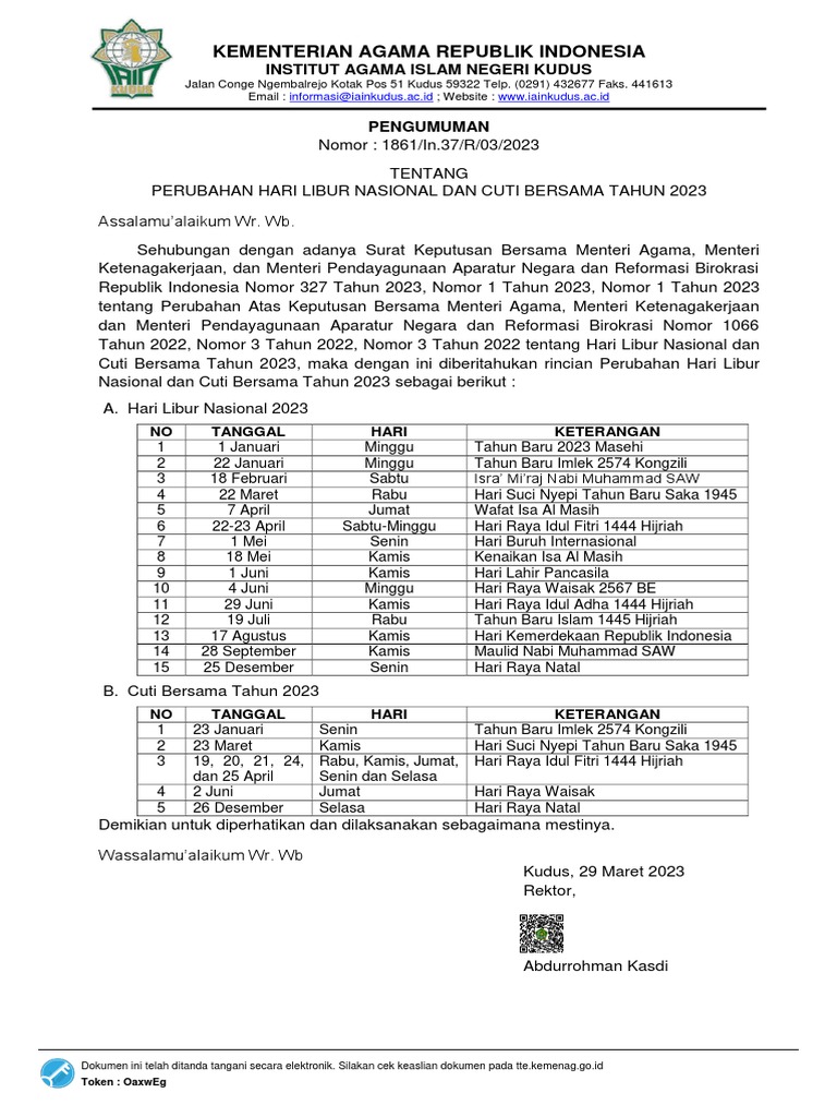 Pengumuman Perubahan Hari Libur Nasional Dan Cuti Bersama Tahun 2023 Pdf