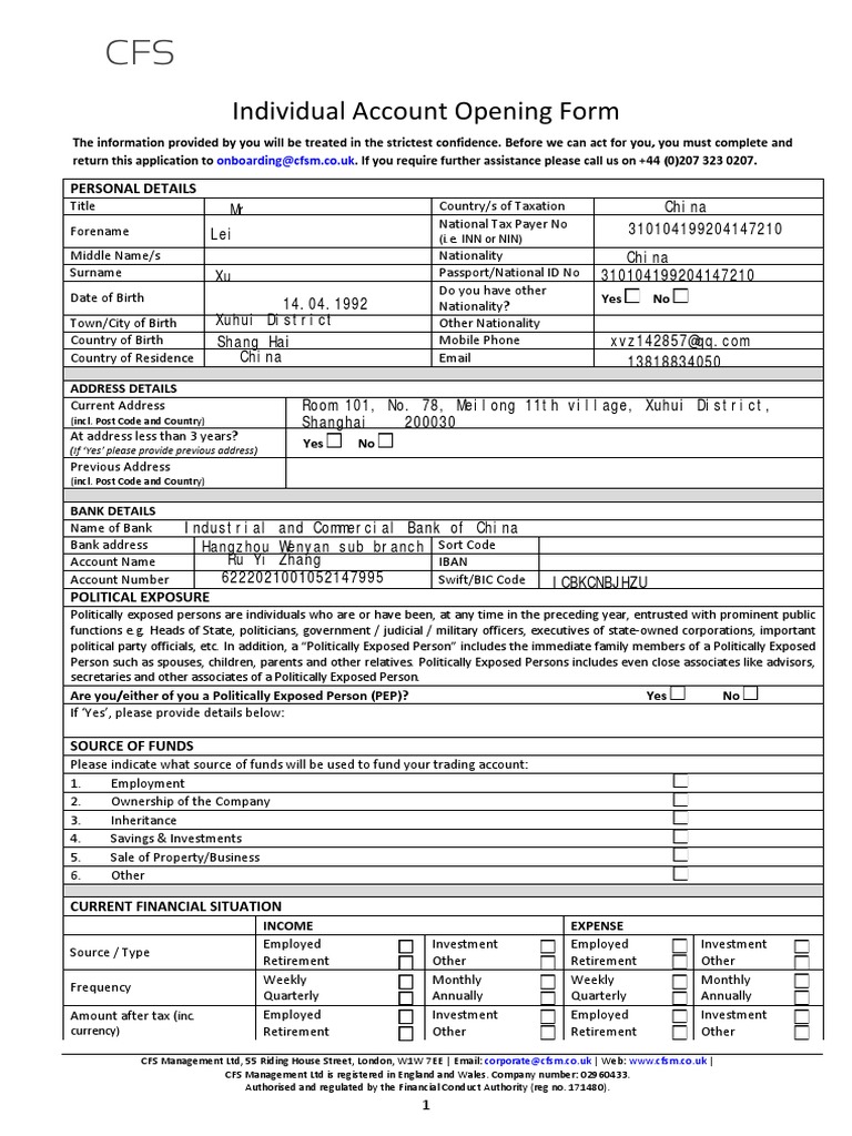 CFS Account Application Form | PDF | Investing | Financial Risk
