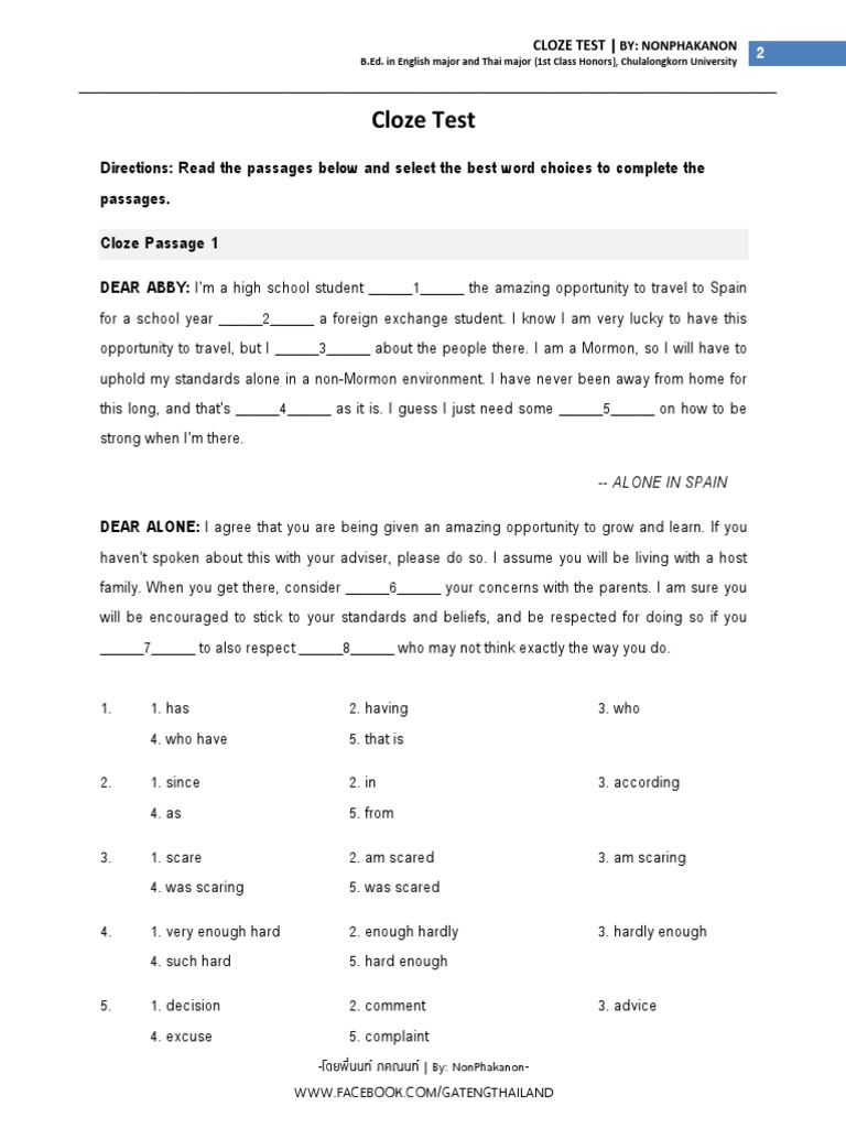Cloze Test For High School Entrance Examination | PDF
