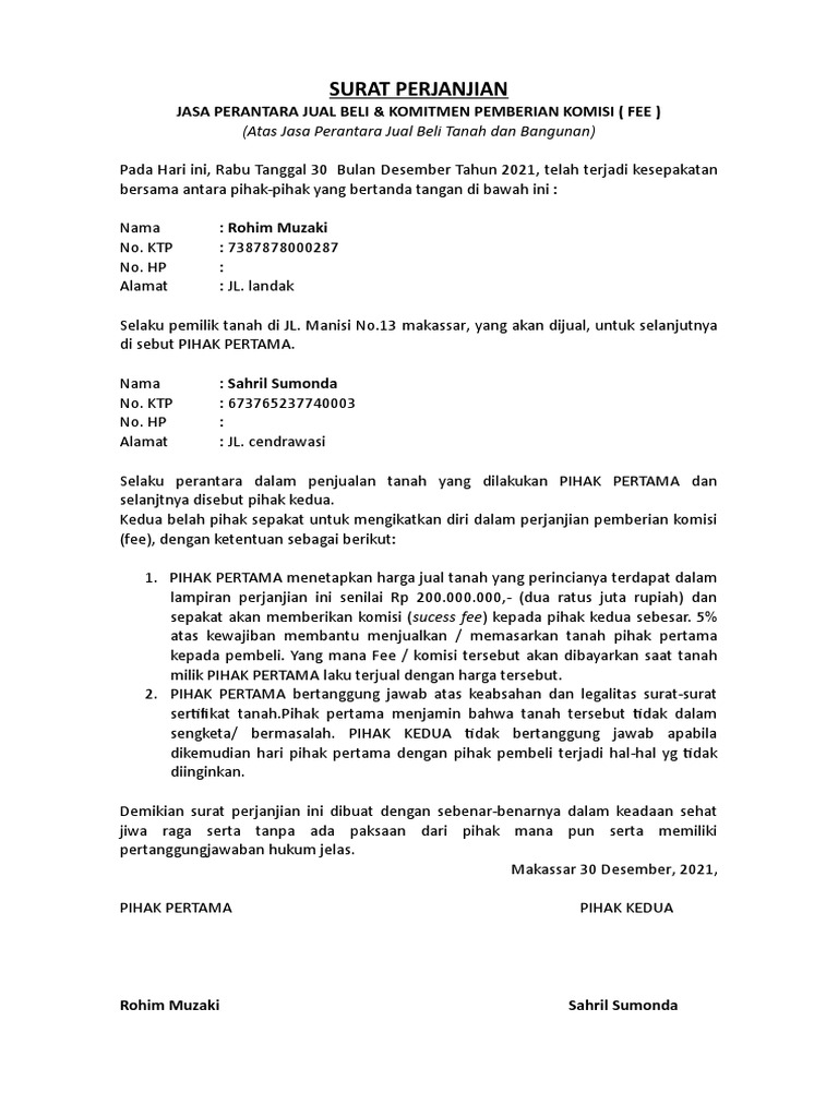 Surat Perjanjian Fee Jual Beli Tanah | PDF
