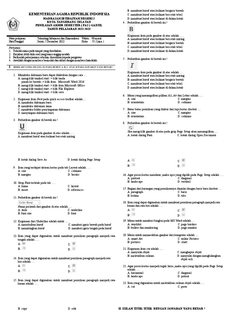 Soal PAS TIK Kelas 5 Ganjil 2022 | PDF