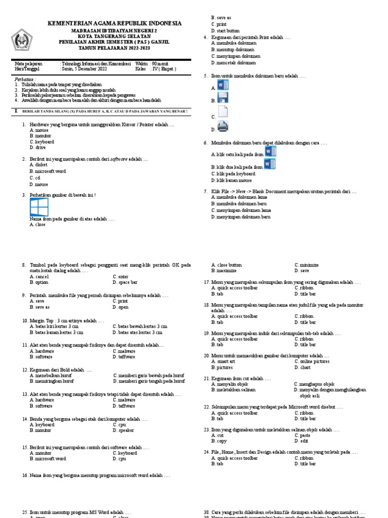 Soal PAS TIK Kelas 4 MI | PDF