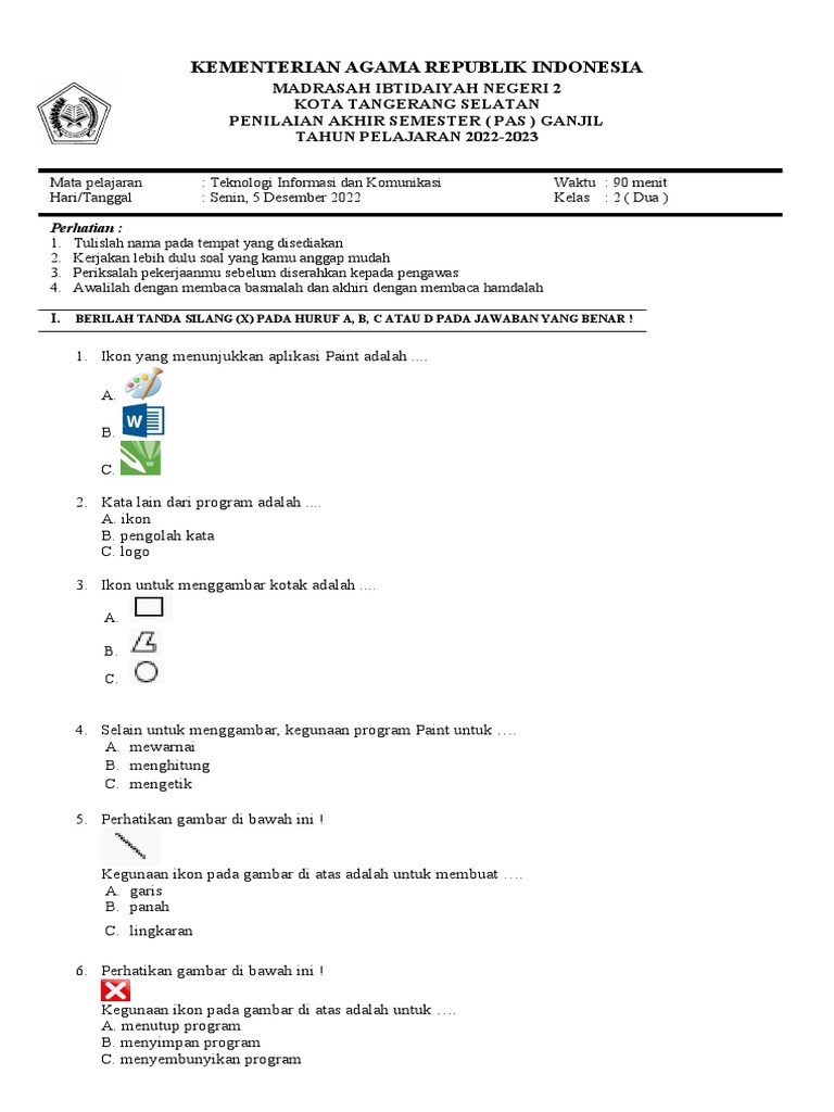 Soal PAS TIK Kelas 2 Ganjil 2022 | PDF
