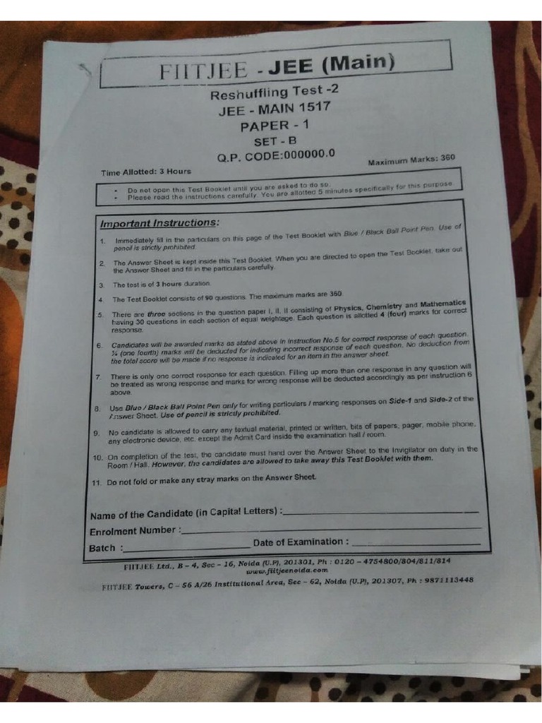 Fiitjee Class Xi Reshuffling Test | PDF