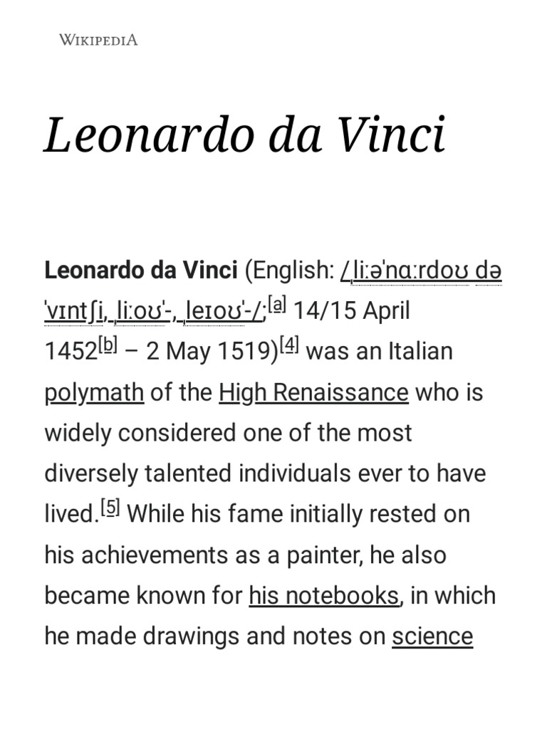 Leonardo Da Vinci - Wikipedia | PDF