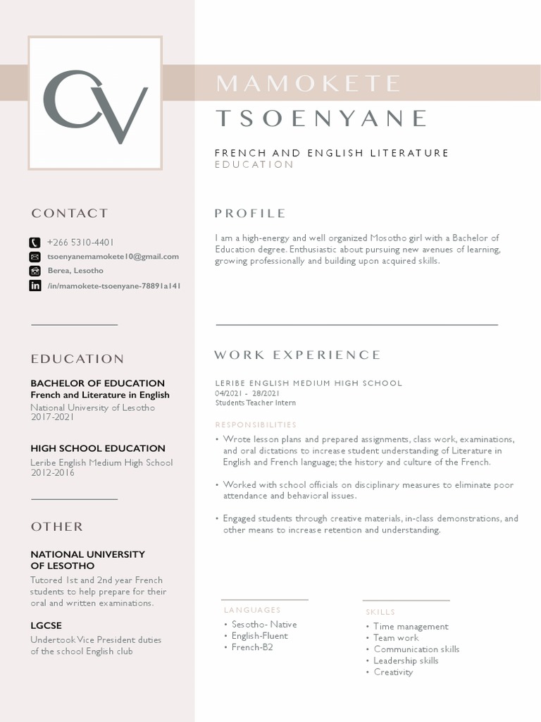 Mamokete Tsoenyane (CV) 1 | PDF | Cognitive Science | Learning