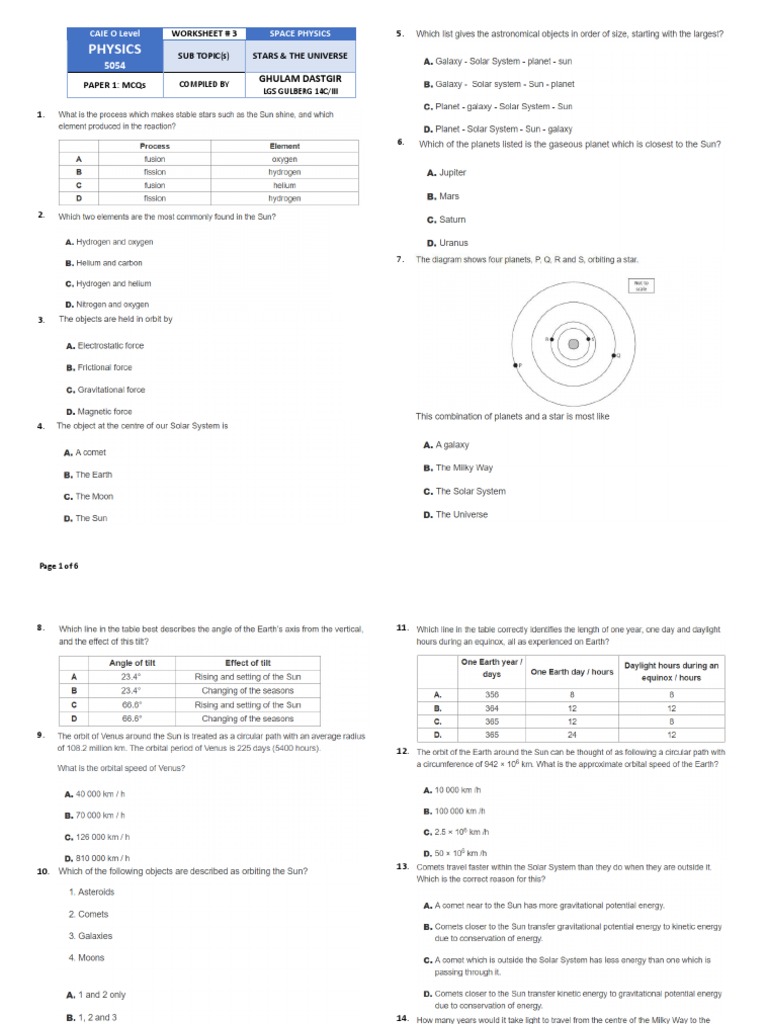 O Level Physics Worksheet: Space Physics | PDF