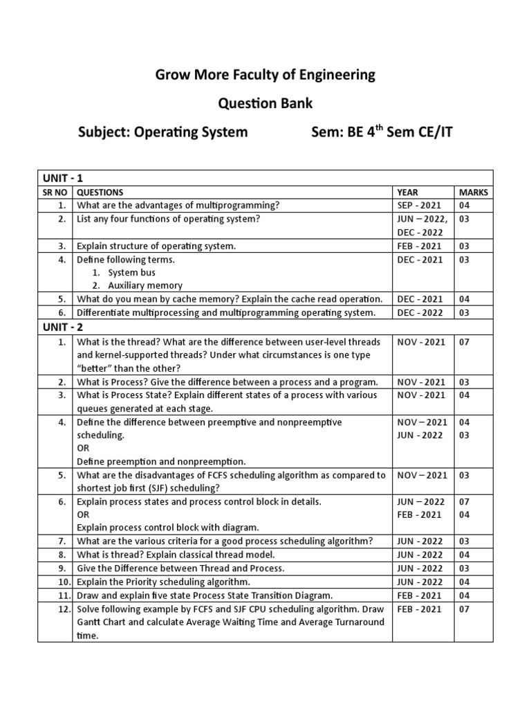 Os Question Bank Pdf Scheduling Computing Thread Computing 