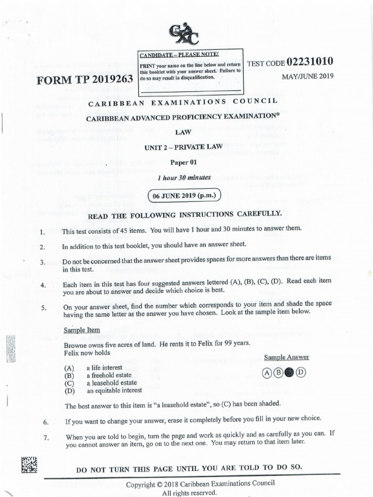 Cape Law Unit 2 Private Law June 2019 Paper 1 | PDF