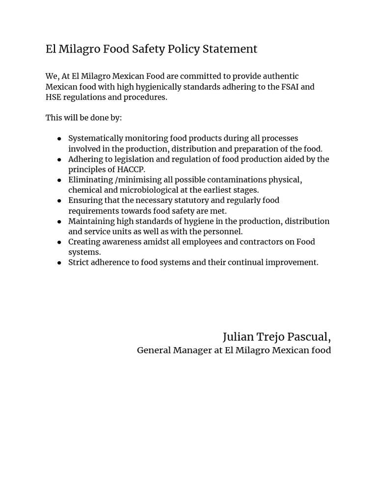 El Milagro Food Safety Policy Statement | PDF