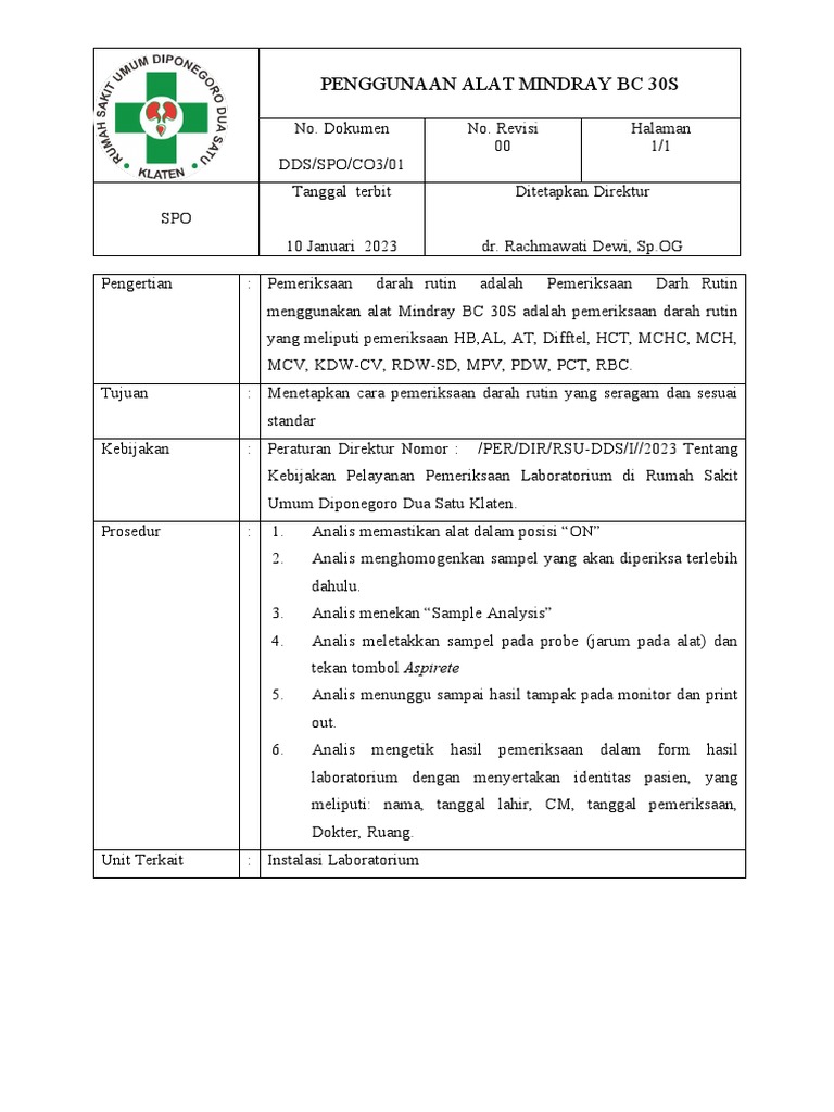 Spo 01 Prosedur Pemeriksaan Darah Rutin Penggunaan Alat Mindray BC 30s ...