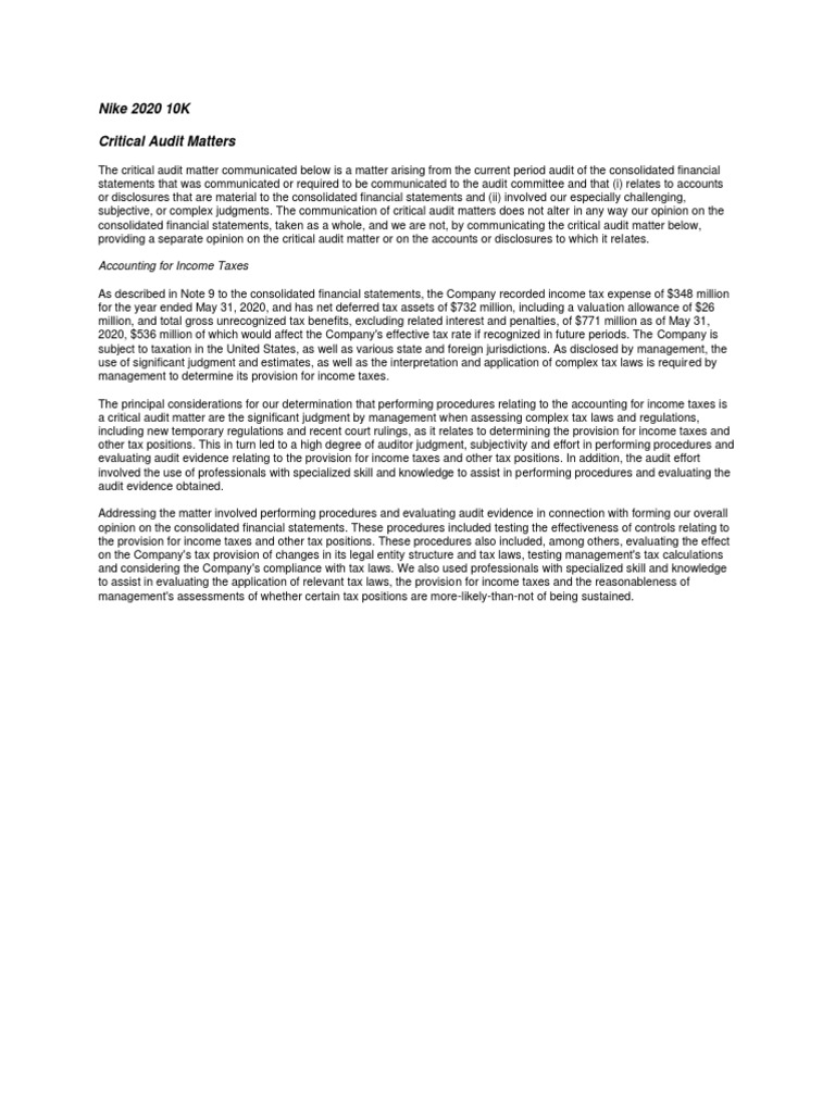 CAM-Accounting For Income Taxes - Nike 2020 10K | PDF | Audit | Income ...