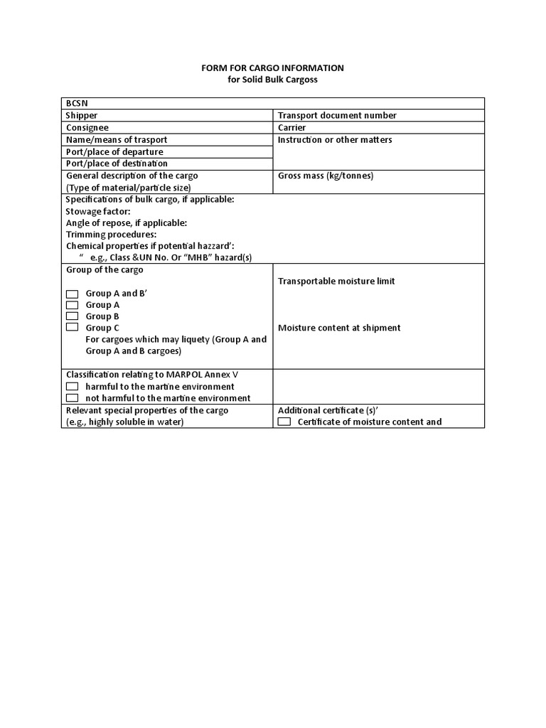 Cargo Information Form for Solid Bulk | PDF