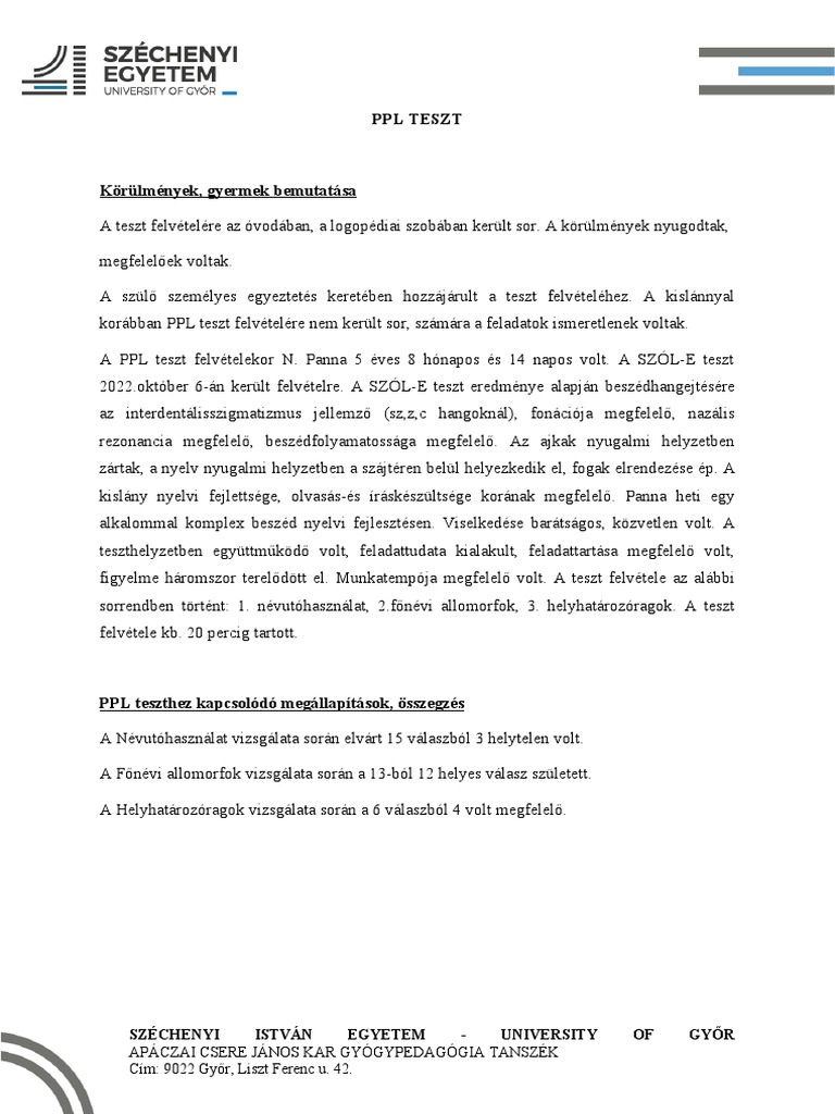 PPL Teszt: Széchenyi István Egyetem - University of Győr | PDF