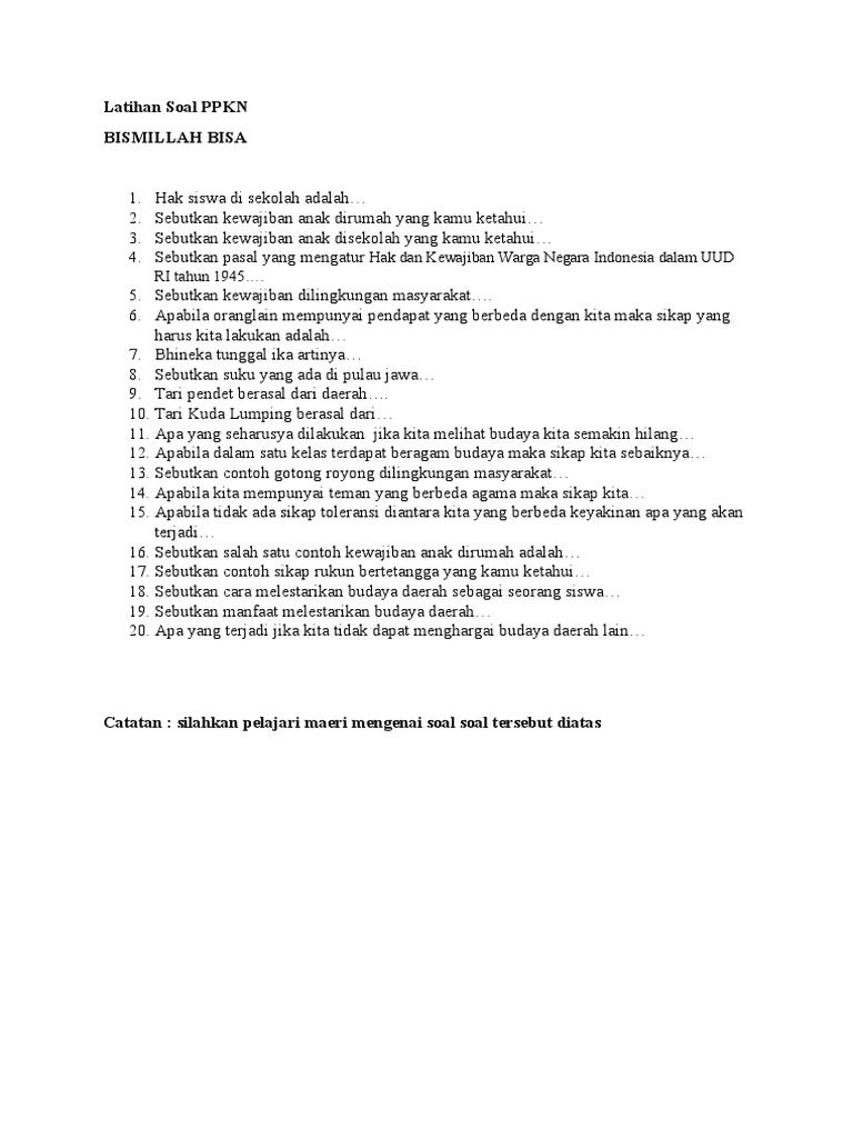 Latihan Soal PPKN Kelas 5 | PDF