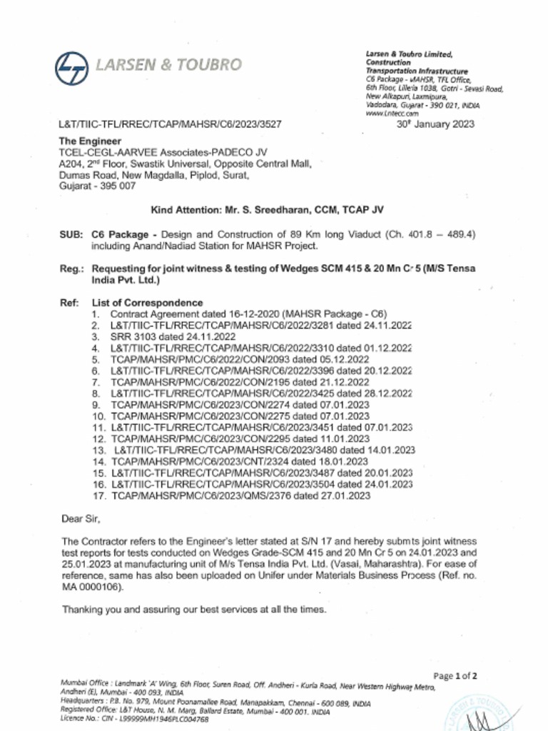 3527 - Requesting For Joint Witness & Testing of Wedges SCM 415 & 20 MN ...