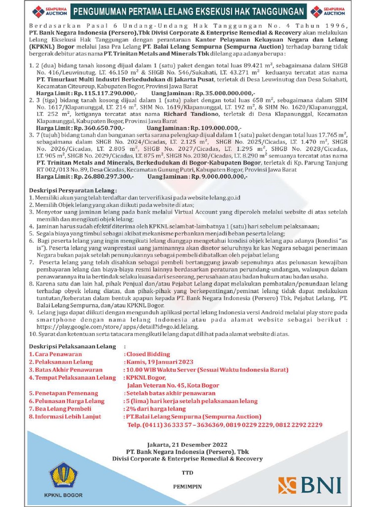 Contoh Pengumuman Pertama Lelang | PDF