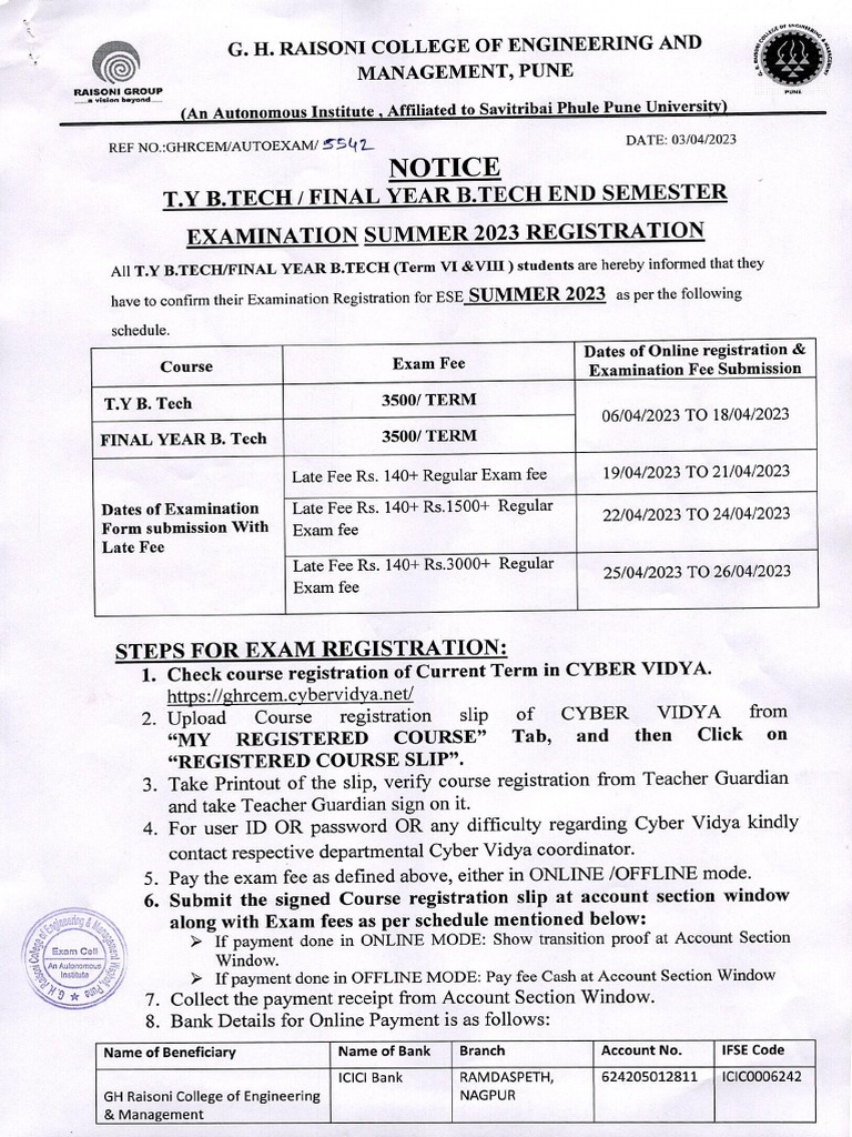 T.Y. B. Tech & Final Year B. Tech ESE Summer 2023 Exam Registration Notice - 0001 | PDF
