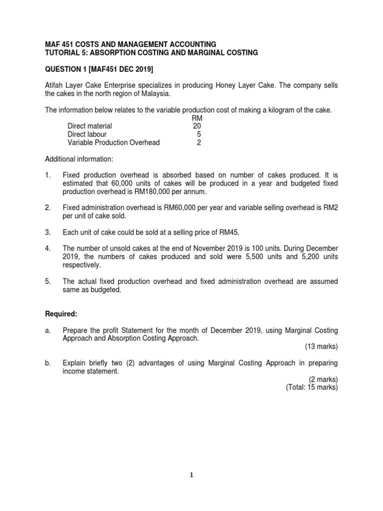 Tutorial 5 Absorption Costing and Marginal Costing Q N A PDF | PDF | Cost Of Goods Sold | Net Income
