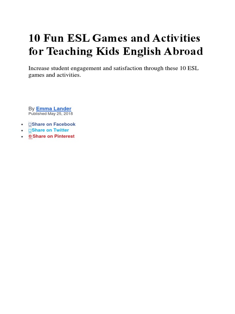 10 Fun ESL Games and Activities For Teaching Kids English Abroad | PDF | English As A Second Or ...