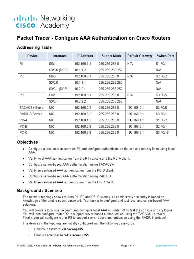 26.2.5 Packet Tracer - Configure AAA Authentication on Cisco Routers | PDF